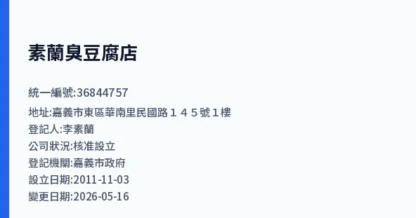 素蘭臭豆腐店的照片-統編 36844757(嘉義市) 公司登記資料與營業項目詳細圖表