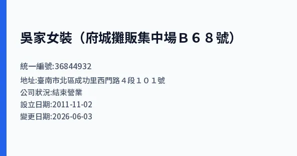 吳家女裝(府城攤販集中場B68號)的照片-統編 36844932(臺南市) 公司登記資料與營業項目詳細圖表
