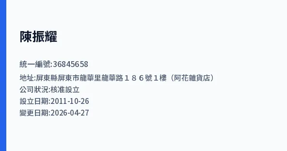 陳振耀的照片-統編 36845658(屏東縣) 公司登記資料與營業項目詳細圖表