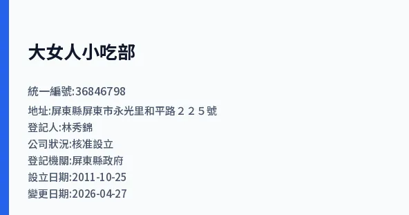 大女人小吃部的照片-統編 36846798(屏東縣) 公司登記資料與營業項目詳細圖表