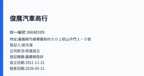 俊展汽車商行的照片-統編 36848389(嘉義縣) 公司登記資料與營業項目詳細圖表