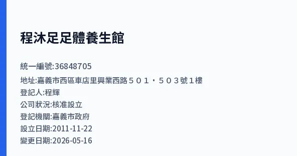 程沐足足體養生館的照片-統編 36848705(嘉義市) 公司登記資料與營業項目詳細圖表