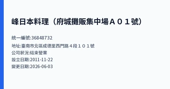 峰日本料理(府城攤販集中場A01號)的照片-統編 36848732(臺南市) 公司登記資料與營業項目詳細圖表
