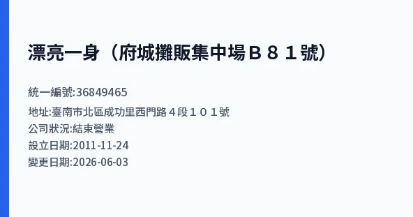 漂亮一身(府城攤販集中場B81號)的照片-統編 36849465(臺南市) 公司登記資料與營業項目詳細圖表
