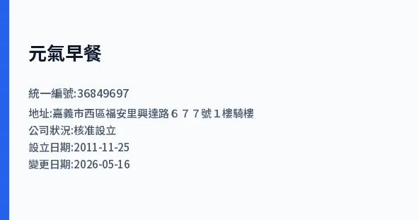元氣早餐的照片-統編 36849697(嘉義市) 公司登記資料與營業項目詳細圖表
