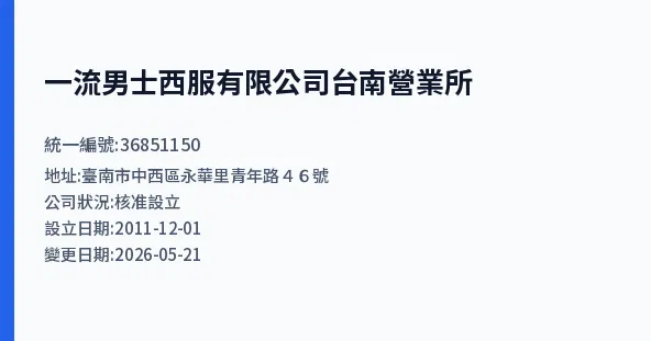 一流男士西服有限公司台南營業所的照片-統編 36851150(臺南市) 公司登記資料與營業項目詳細圖表