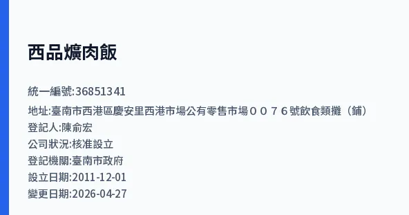 西品爌肉飯的照片-統編 36851341(臺南市) 公司登記資料與營業項目詳細圖表