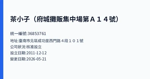 茶小子(府城攤販集中場第A14號)的照片-統編 36853761(臺南市) 公司登記資料與營業項目詳細圖表