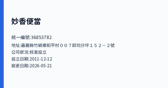 妙香便當的照片-統編 36853782(嘉義縣) 公司登記資料與營業項目詳細圖表