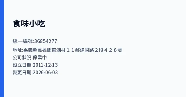 食味小吃的照片-統編 36854277(嘉義縣) 公司登記資料與營業項目詳細圖表
