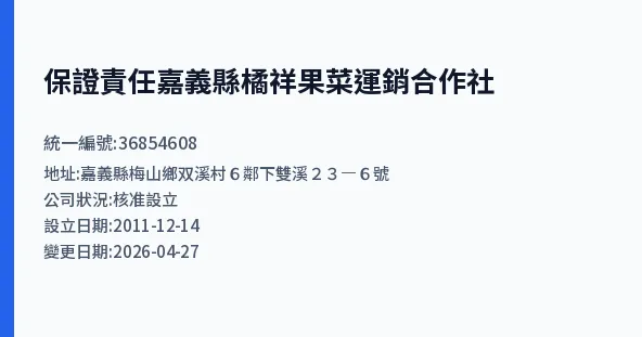 保證責任嘉義縣橘祥果菜運銷合作社的照片-統編 36854608(嘉義縣) 公司登記資料與營業項目詳細圖表