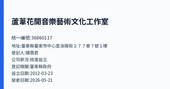 蘆葦花開音樂藝術文化工作室的照片-統編 36860117(臺東縣) 公司登記資料與營業項目詳細圖表