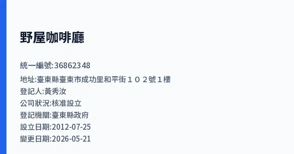 野屋咖啡廳的照片-統編 36862348(臺東縣) 公司登記資料與營業項目詳細圖表
