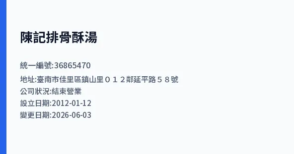 陳記排骨酥湯的照片-統編 36865470(臺南市) 公司登記資料與營業項目詳細圖表