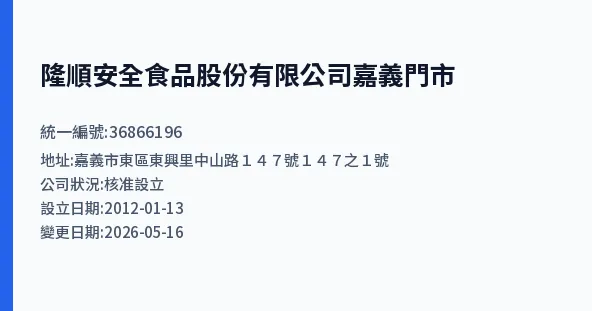 隆順安全食品股份有限公司嘉義門市的照片-統編 36866196(嘉義市) 公司登記資料與營業項目詳細圖表