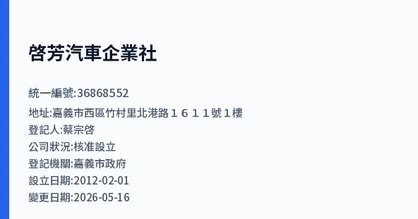 啓芳汽車企業社的照片-統編 36868552(嘉義市) 公司登記資料與營業項目詳細圖表