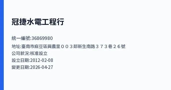 冠捷水電工程行的照片-統編 36869980(臺南市) 公司登記資料與營業項目詳細圖表