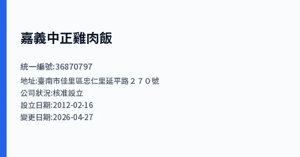 嘉義中正雞肉飯的照片-統編 36870797(臺南市) 公司登記資料與營業項目詳細圖表
