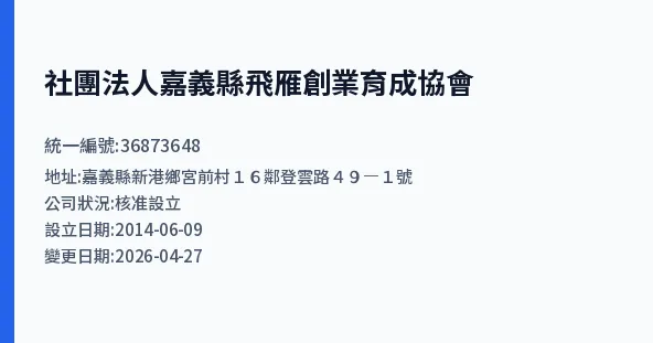 社團法人嘉義縣飛雁創業育成協會的照片-統編 36873648(嘉義縣) 公司登記資料與營業項目詳細圖表