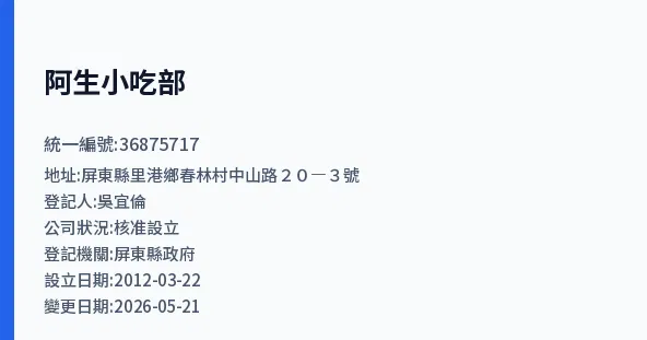 阿生小吃部的照片-統編 36875717(屏東縣) 公司登記資料與營業項目詳細圖表
