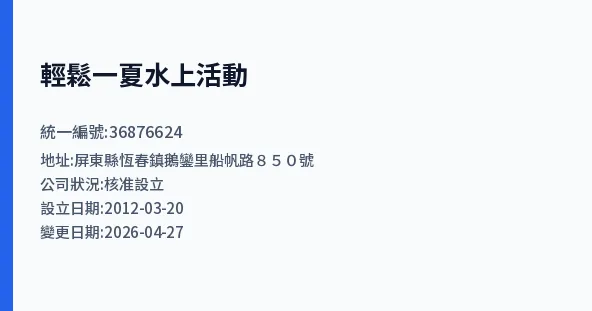 輕鬆一夏水上活動的照片-統編 36876624(屏東縣) 公司登記資料與營業項目詳細圖表