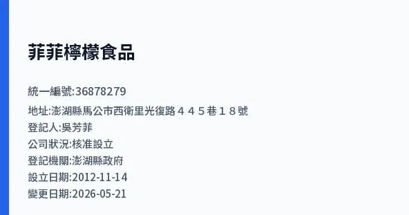 菲菲檸檬食品的照片-統編 36878279(澎湖縣) 公司登記資料與營業項目詳細圖表