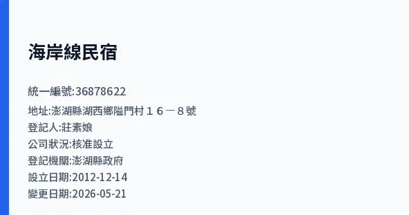 海岸線民宿的照片-統編 36878622(澎湖縣) 公司登記資料與營業項目詳細圖表
