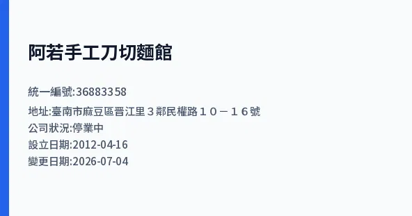 阿若手工刀切麵館的照片-統編 36883358(臺南市) 公司登記資料與營業項目詳細圖表