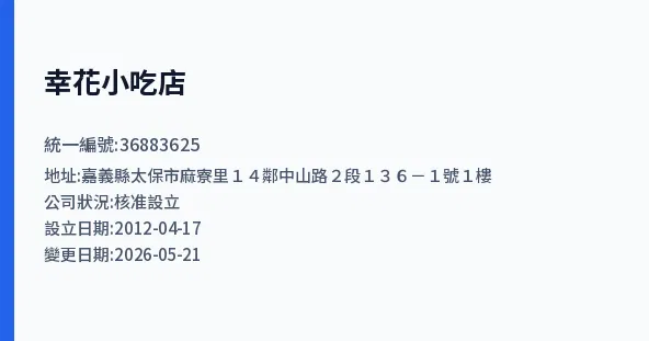 幸花小吃店的照片-統編 36883625(嘉義縣) 公司登記資料與營業項目詳細圖表