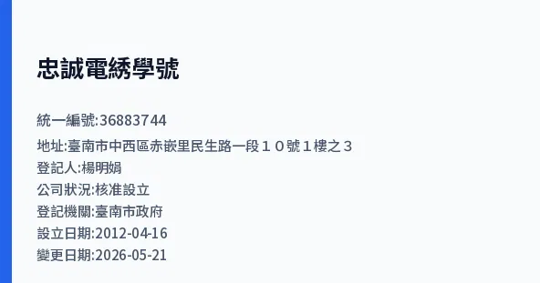 忠誠電綉學號的照片-統編 36883744(臺南市) 公司登記資料與營業項目詳細圖表