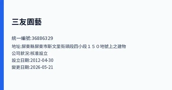 三友園藝的照片-統編 36886329(屏東縣) 公司登記資料與營業項目詳細圖表