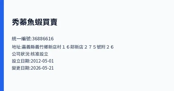 秀蓁魚蝦買賣的照片-統編 36886616(嘉義縣) 公司登記資料與營業項目詳細圖表