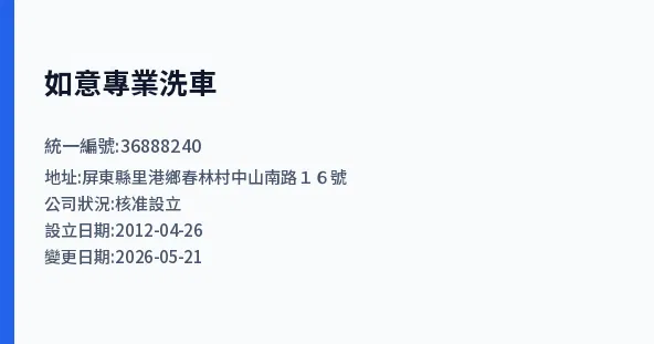 如意專業洗車的照片-統編 36888240(屏東縣) 公司登記資料與營業項目詳細圖表