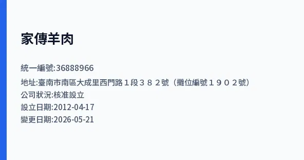 家傳羊肉的照片-統編 36888966(臺南市) 公司登記資料與營業項目詳細圖表