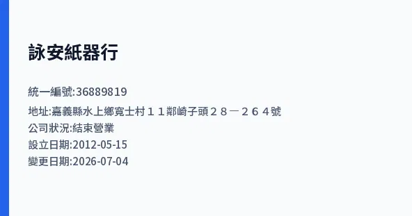 詠安紙器行的照片-統編 36889819(嘉義縣) 公司登記資料與營業項目詳細圖表