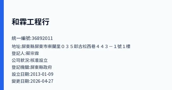 和霖工程行的照片-統編 36892011(屏東縣) 公司登記資料與營業項目詳細圖表