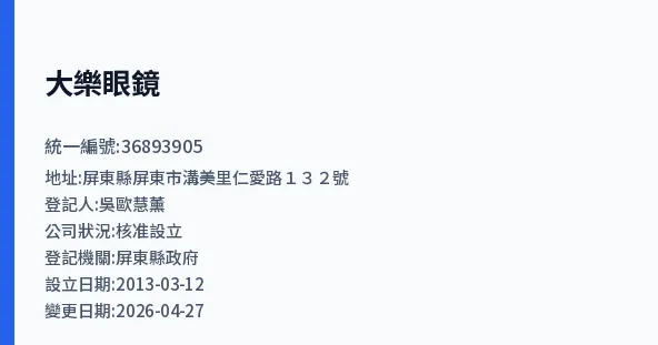 大樂眼鏡的照片-統編 36893905(屏東縣) 公司登記資料與營業項目詳細圖表