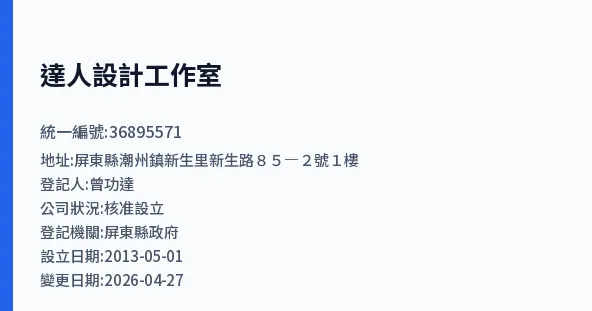 達人設計工作室的照片-統編 36895571(屏東縣) 公司登記資料與營業項目詳細圖表