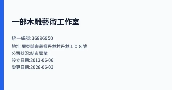 一部木雕藝術工作室的照片-統編 36896950(屏東縣) 公司登記資料與營業項目詳細圖表