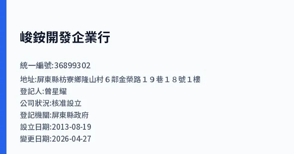 峻銨開發企業行的照片-統編 36899302(屏東縣) 公司登記資料與營業項目詳細圖表