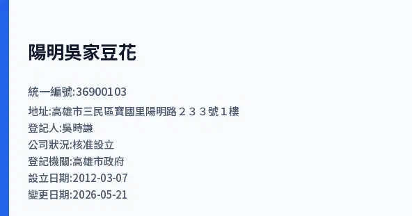 陽明吳家豆花的照片-統編 36900103(高雄市) 公司登記資料與營業項目詳細圖表