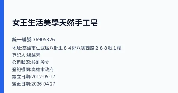 女王生活美學天然手工皂的照片-統編 36905326(高雄市) 公司登記資料與營業項目詳細圖表