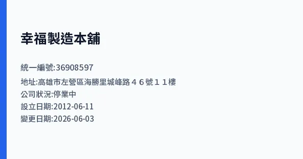 幸福製造本舖的照片-統編 36908597(高雄市) 公司登記資料與營業項目詳細圖表