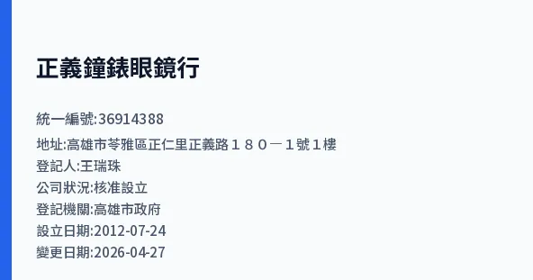 正義鐘錶眼鏡行的照片-統編 36914388(高雄市) 公司登記資料與營業項目詳細圖表
