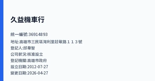 久益機車行的照片-統編 36914893(高雄市) 公司登記資料與營業項目詳細圖表