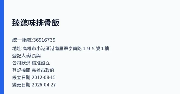 臻滺味排骨飯的照片-統編 36916739(高雄市) 公司登記資料與營業項目詳細圖表