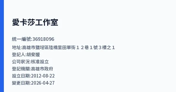 愛卡莎工作室的照片-統編 36918096(高雄市) 公司登記資料與營業項目詳細圖表