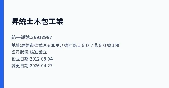 昇統土木包工業的照片-統編 36918997(高雄市) 公司登記資料與營業項目詳細圖表