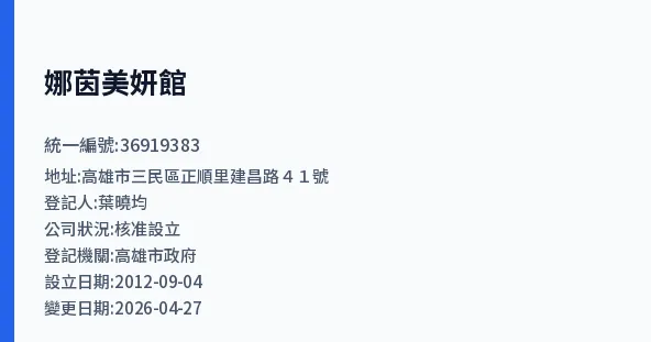 娜茵美妍館的照片-統編 36919383(高雄市) 公司登記資料與營業項目詳細圖表