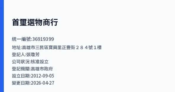 首璽選物商行的照片-統編 36919399(高雄市) 公司登記資料與營業項目詳細圖表